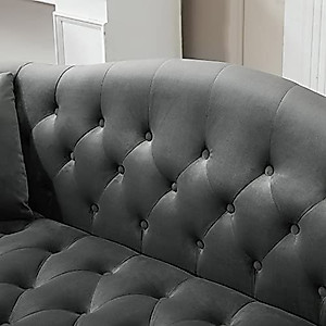 LIADTOP, 78.7" Classic Chesterfield Velvet Sofa Contemporary Upholstered Couch with Button Tufted and Rolled Arms, 2 Pillows Included, 3 Seater,Grey