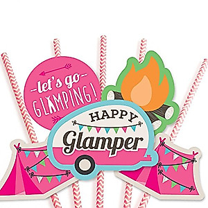Let's Go Glamping - Paper Straw Decor - Camp Glamp Party or Birthday Party Striped Decorative Straws - Set of 24