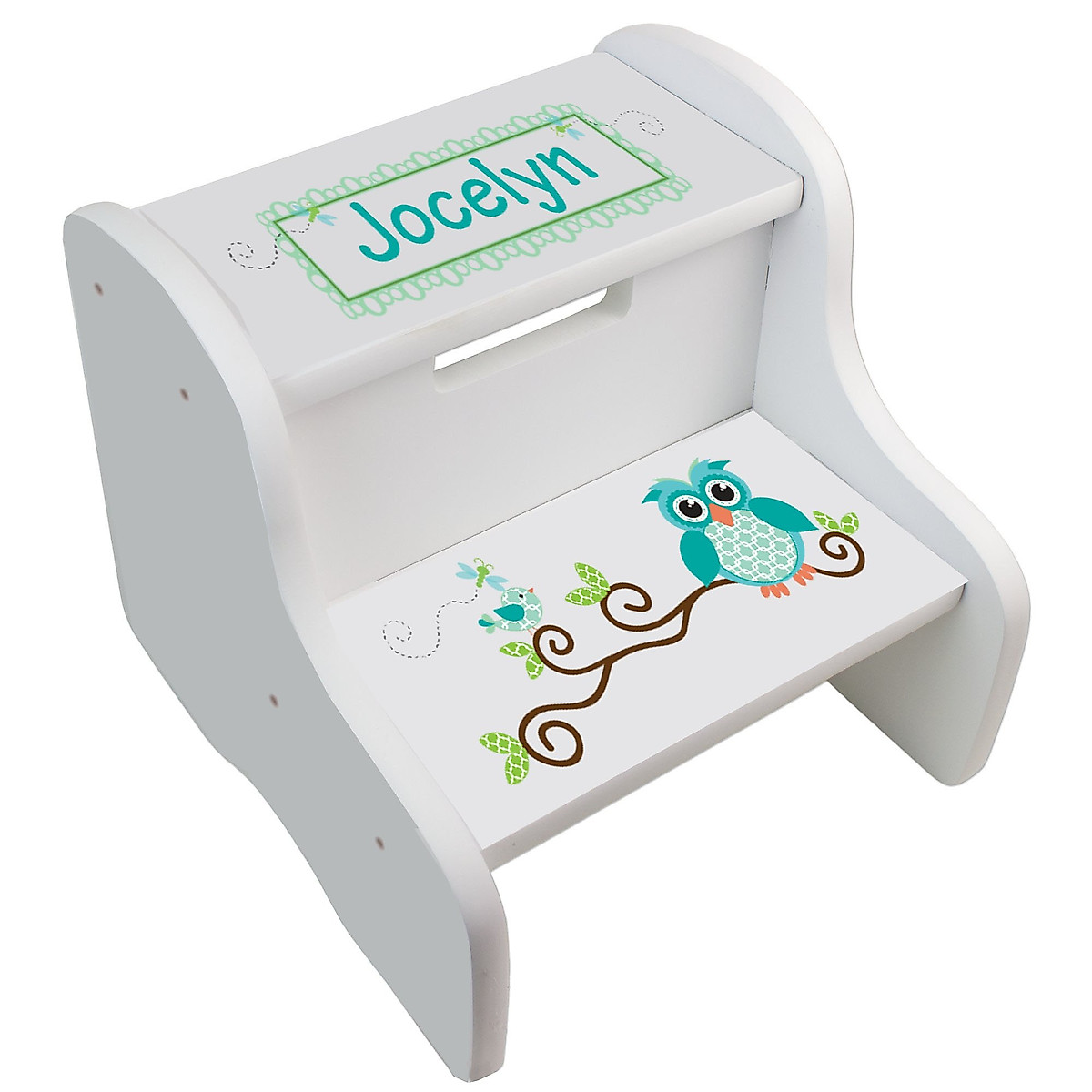 Personalized Blue Gingham Owl White Two Step Stool