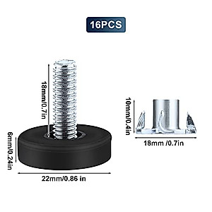 AIEX Adjustable Furniture Levelers, 16pcs Leveling Feet Screw in Chair Feet with T-Nuts Table Chair Leveler Furniture Glide Leveling Feet for Furniture Leg Cupboard(Metric M6)