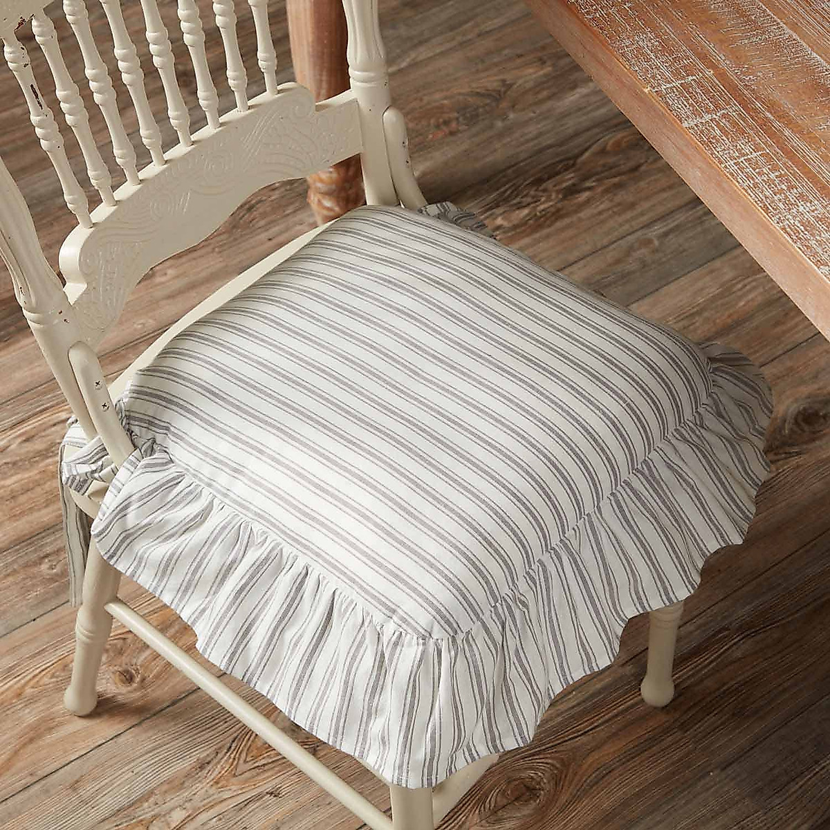 Piper Classics Timeless Ticking Ruffled Chair Pad, 16" L x 16" W, Soft White and Gray Ticking Stripes, Vintage Farmhouse Chic Seat Cushion