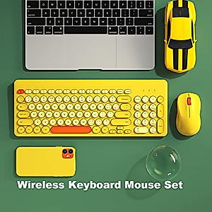 Wireless Keyboard with Mouse Combo, 2.4G Full Size Keyboard with Round Keycap and Silent Optical Mice Set for Computer PC Laptop (Yellow)
