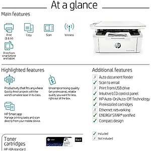 HP Laserjet Pro MFP M29W All-in-One Wireless Monochrome Laser Printer, White - Print Scan Copy - 1.0" Icon LCD Display, 19 ppm, 600 x 600 dpi, 8.5 x 11.69, Hi-Speed USB, Cbmou External Webcam