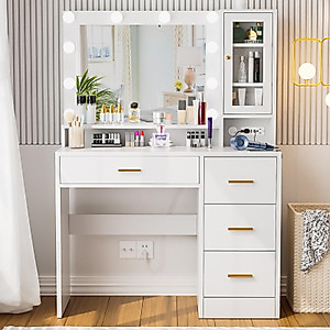 Likein Vanity Desk with Mirror and Lights, White Vanity Makeup Desk with Drawer & Glass Storage Cabinet & Charging Station, 3-Color Lights Adjustable Brightness, Make Up Dressing Table for Bedroom