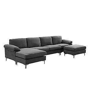 Verfur 5 Seats Convertible Sectional Sofa with Extra Wide Reversible Chaise and Movable Ottoman, U Shaped Symmetrical Modular Corner Couch Living Room Furniture Sets for Home Office, Dark Grey 128.3"