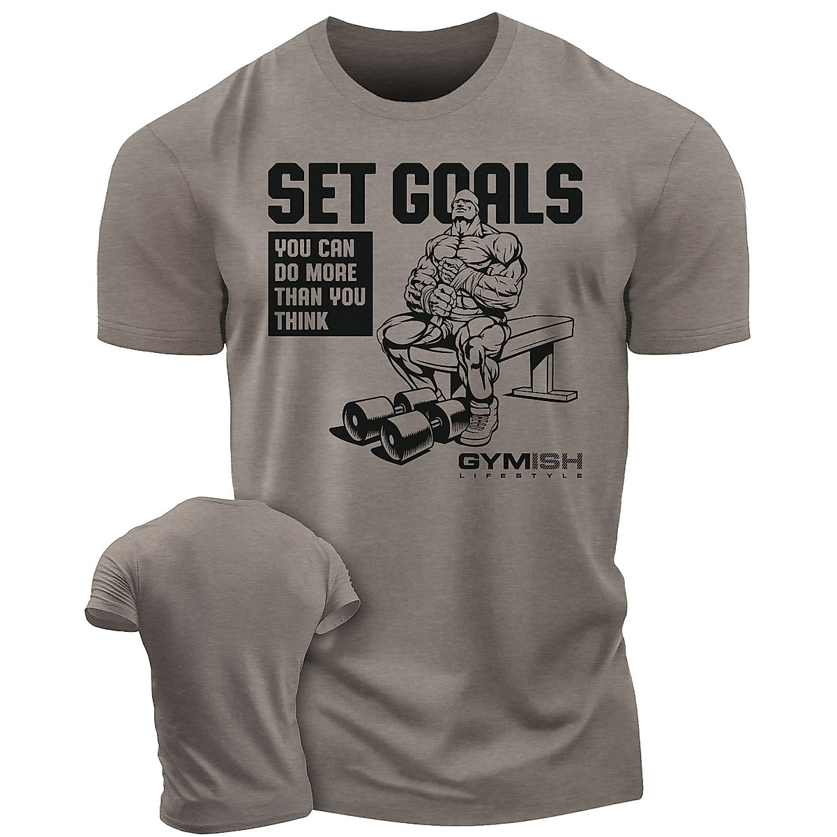 Set Goals Gym Exercise Motivational Workout Lifting T-Shirt for Men (MD, Set Goals Warm Grey)