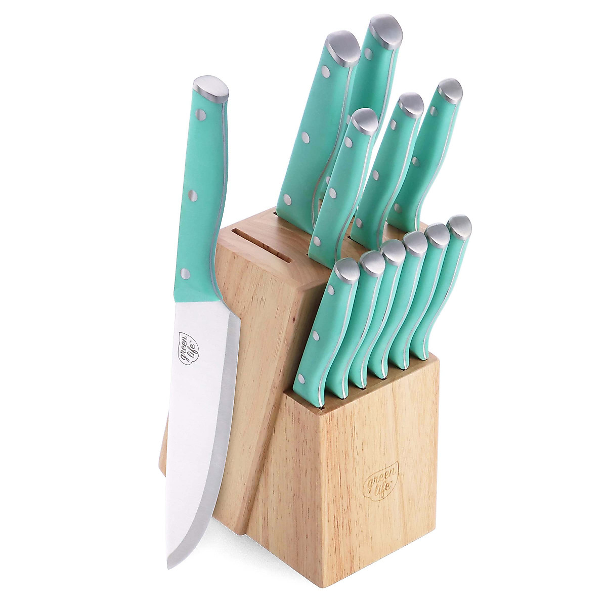 GreenLife High Carbon Stainless Steel 13 Piece Wood Knife Block Set with Chef Steak Knives and more, Comfort Grip Handles, Triple Rivet Cutlery, Turquoise