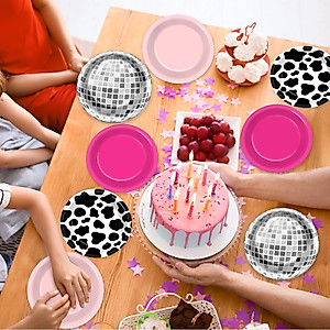48Pcs Western Cowgirl Party Paper Plates for Cow Print Themed Party Supplies 7" Hot Pink Disco Ball Disposable Dessert Plates for Cowgirl Birthday Bachelorette 80s 90s Disco Shower Party Decorations