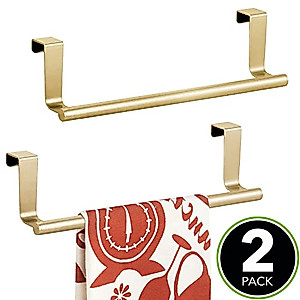 mDesign Metal Over The Door Towel Holder for Kitchen Cabinet - Hand, Dish, and Tea Towel Rack - Over The Door Towel Bar and Hanger - Kitchen/Bathroom Organizer - Omni Collection - 2 Pack, Soft Brass
