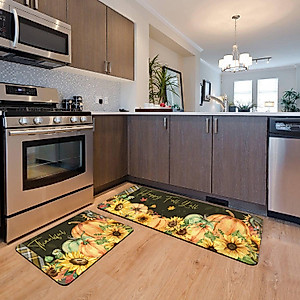 APROPHIC Autumn Kitchen Mats for Floor Buffalo Plaid Kitchen Rug Pumpkin Sunflower Absorbent Non-Slip Runner Rug for Festive Decor, Cushioned Standing,17x24 + 17x41 in