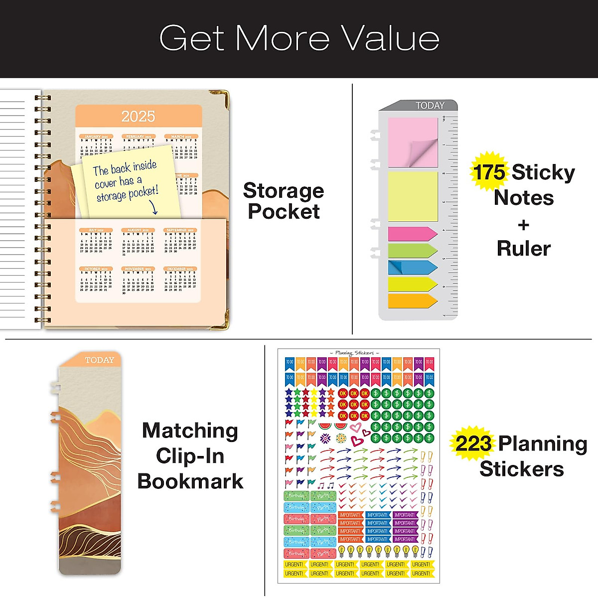 Global Printed Products, HARDCOVER 2024 Planner: (November 2023 Through December 2024) 8.5"x11" Daily Weekly Monthly Planner Yearly Agenda Bookmark, Pocket Folder & Sticky Note Set (Golden Desert)