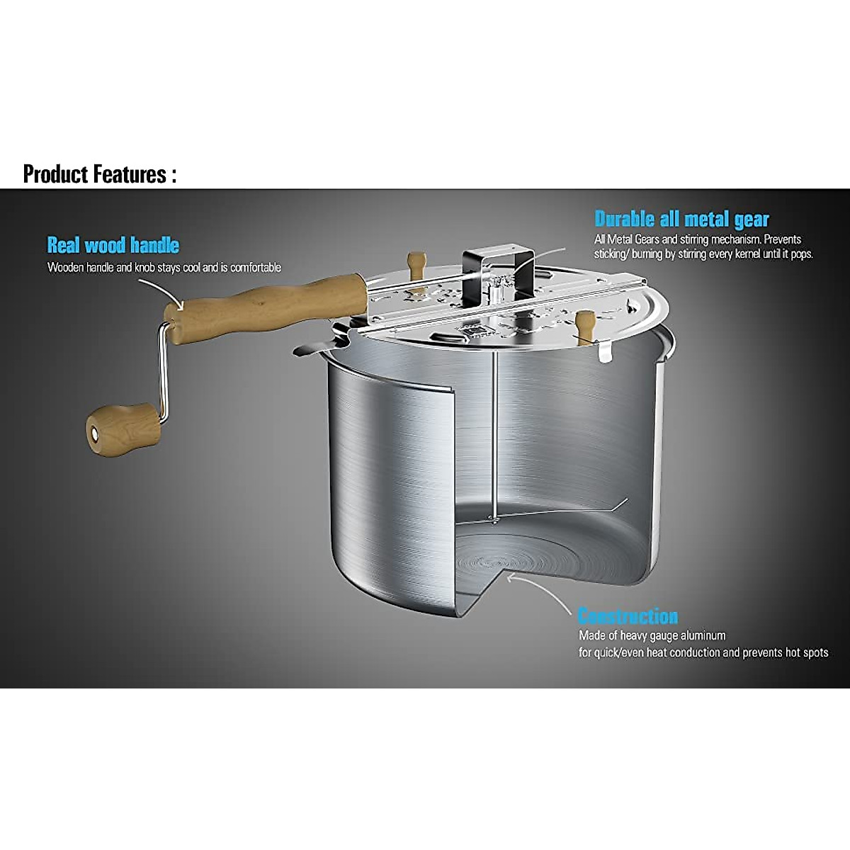 Cook N Home 02626 6 Quart Aluminium Stovetop Popcorn Popper Silver