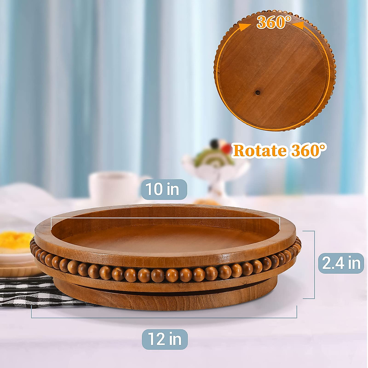 Farmhouse Lazy Susan Organizer,Decorative Tray Riser,Lazy Susan for Table, Counter Lazy Susan Turntable Organizer with Beads,360 Degrees Rotating Display Stand for Spice Racks,Centerpiece Tray,Brown