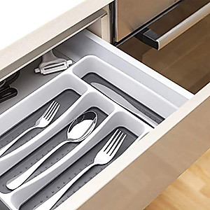 RayPard 24-Piece Silverware Set, Flatware Set Mirror Polished, Dishwasher Safe Service for 4, Include Fork/Spoon with 5-Compartment Non Slip Silverware Drawer Organizer Box Tray