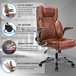 REFICCER Brown Leather Office Chair with Flip up Arms, Ergonomic Executive Office Chairs with Wheels, 90-120° Rocking High Back Office Desk Chair with Lumbar Support, Swivel Task Chairs