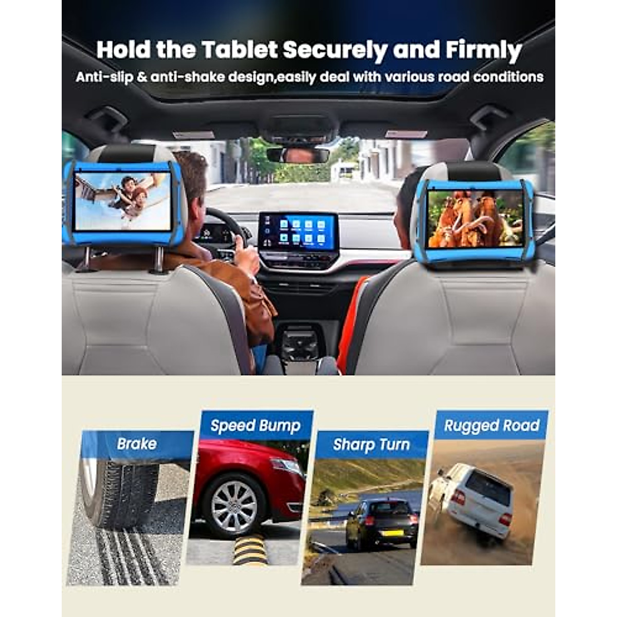 WONNIE Tablet Holder for Car, Upgraded iPad Holder for Car Back Seat Headrest Mount Holder for Kids with Anti-Slip Strap,Silicone Holding Net/Fits All 7-12.9'' Tablets