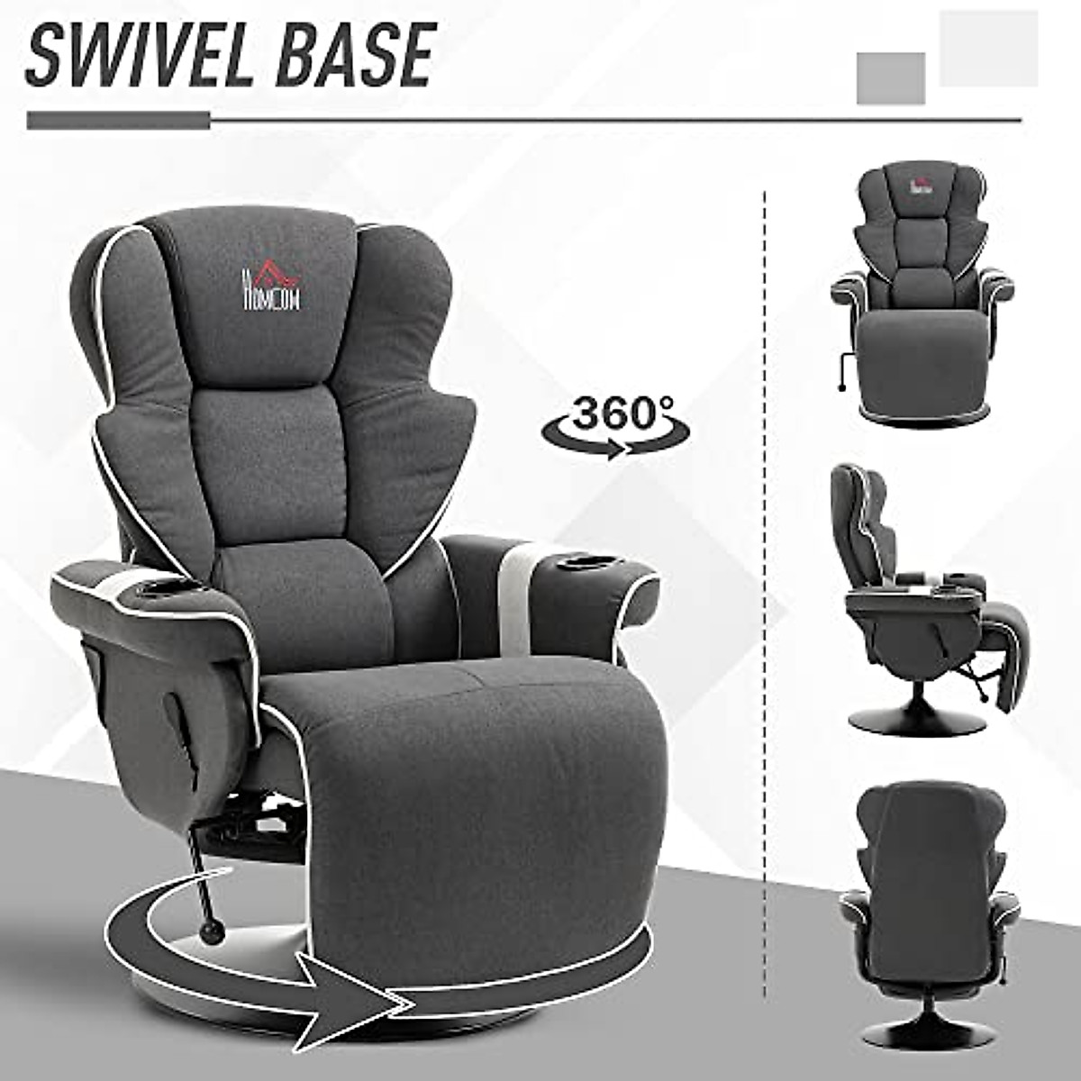 HOMCOM Manual Recliner, Swivel Lounge Armchair with Footrest and Two Cup Holders for Living Room, Black