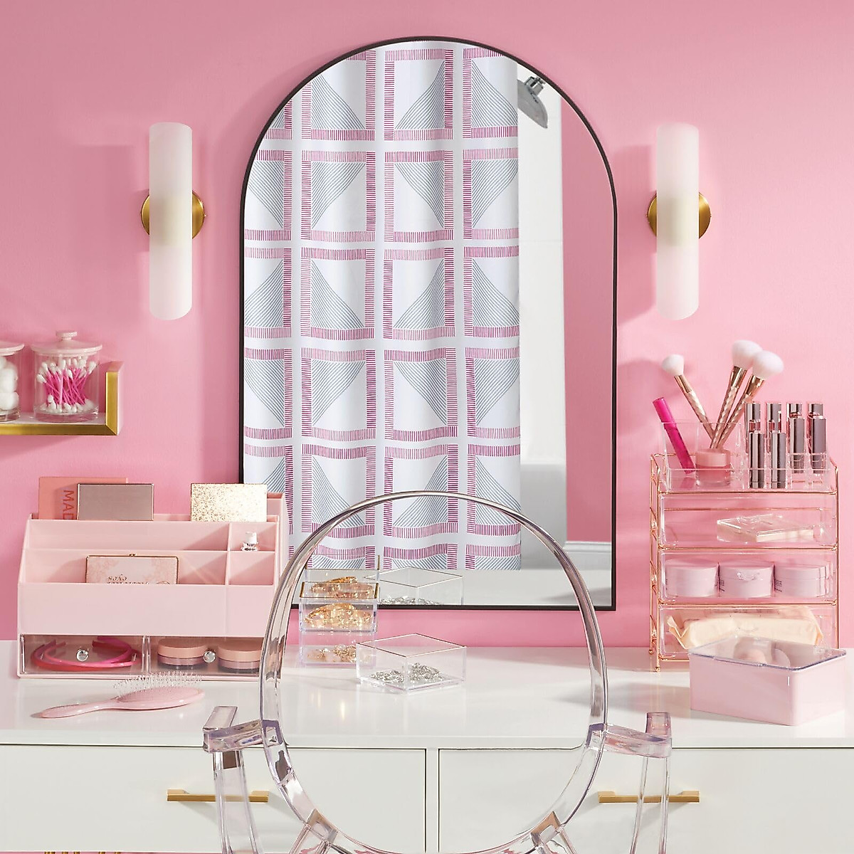 mDesign Small Modern Apothecary Storage Organizer Canister Jars - Acrylic Containers for Bathroom, Organization Holder for Vanity, Counter, Makeup Table, Lumiere Collection, 2 Pack, Clear/Light Pink