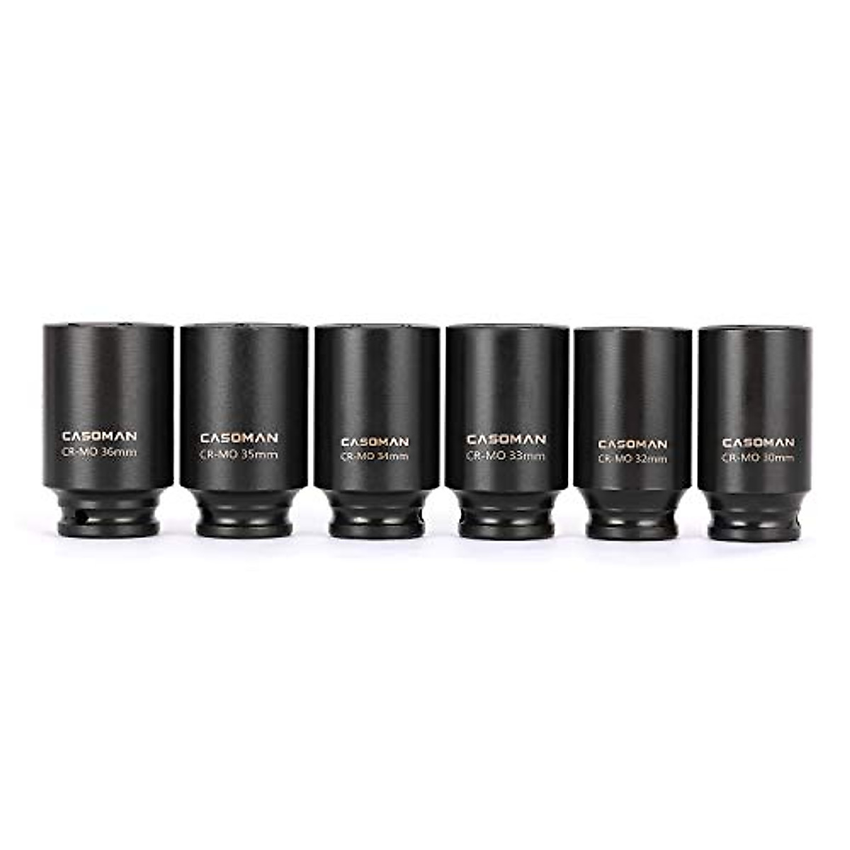 CASOMAN 1/2- Inch Drive Deep Spindle Axle Nut Impact Socket Set, 6-Piece 1/2" Dr. Deep Impact Socket Set,6 Point, CR-MO, Metric, Impact Grade, 30mm, 32mm, 33mm, 34mm, 35mm, 36mm