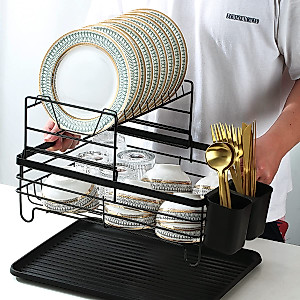 HOMQUEN 2 Layer Dish Drying Rack, Over The Sink Dish Drying Rack, Stainless Steel Dish Racks for Kitchen Counter, Kitchen Dish Drainer with Drainboard and Cup Holder (Black, 16.7''x12.4''x10.5'')