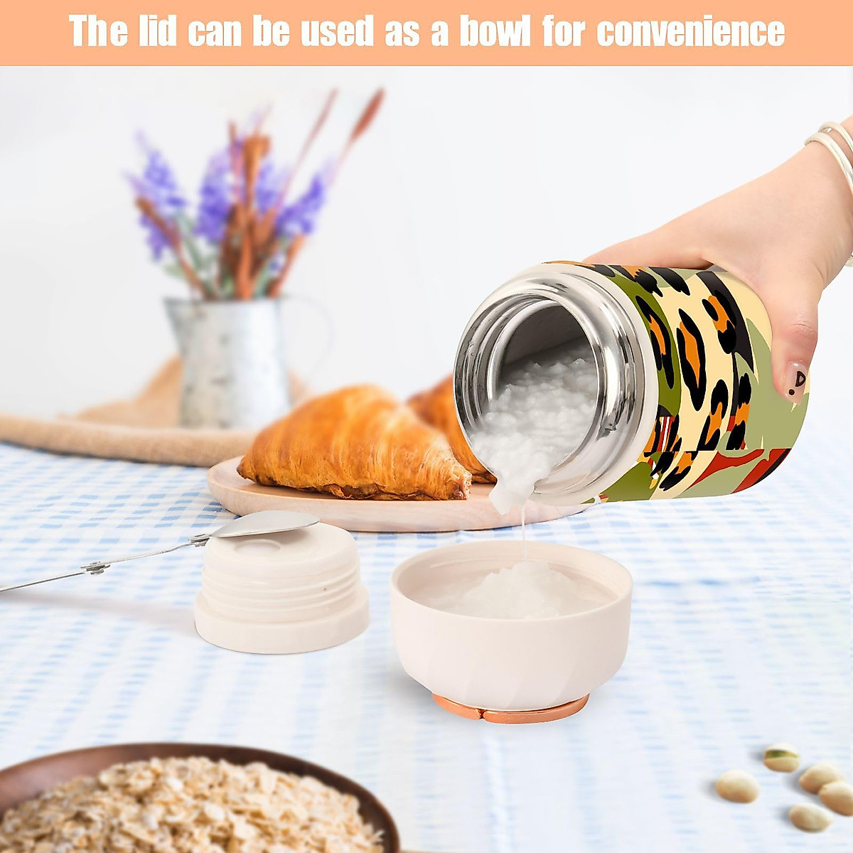 CUPADA Tropical Leaves Food Jar for Hot and Cold, Leopard Skin Insulated Food Jars Vacuum 17OZ with Folding Spoon for Work Trip Picnic Camping