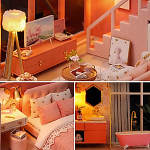 GuDoQi DIY Miniature Dollhouse Kit, Mini Dollhouse Kit with Furniture, Tiny House Kit Plus Dust Cover, DIY Miniature Kits, Gift for Birthday Easter Day, Sweet Angel