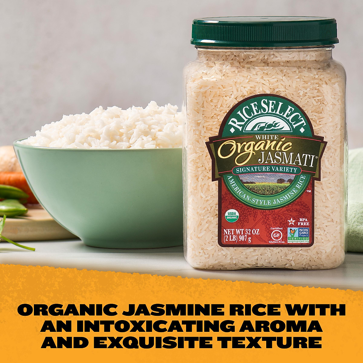 RiceSelect Organic Jasmati White Rice for Asian-Food-Inspired Recipes, Premium Non-GMO Gluten-Free Long-Grain Jasmine Rice, 32-Ounce Jar