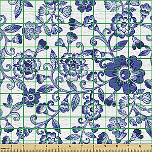 Lunarable Floral Fabric by The Yard, Swirl Flower Pattern Folk Russian Folk Cultural Petals Ornamental Image, Decorative Fabric for Upholstery and Home Accents, 3 Yards, Blue and White