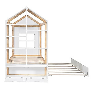 Harper & Bright Designs Twin House Bed for Kids,Wood House Bed with Trundle,Twin Size Platform Bed with Storage Shelves and Window,Twin Playhouse Bed for Girls Boys,White