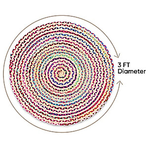 INDIAN ARTISTIC Jute Cotton Multi Chindi Round Rag Rug 3X3' | Hand Woven Rug & Reversible Rug | Cotton Rag Rug | Handmade Multicolored Reversible Braided Rag Rug | Runner Rugs (Round Shape)