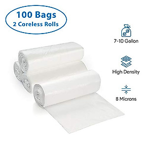 7-10 Gallon Clear Garbage Can Liners, 100 Count - Small - Medium Trash Can Liners - High Density, Thin, Lightweight, 8 Microns - For Office, Home, Hospital Wastebaskets - 2 Coreless Rolls