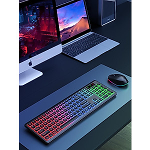 Wireless Keyboard and Mouse Backlit, Quiet Light Up Keys, Tilt Legs, Sleep Mode - Rechargeable USB Cordless Combo for Computer, iMac, PC, Laptop - by SABLUTE, Black