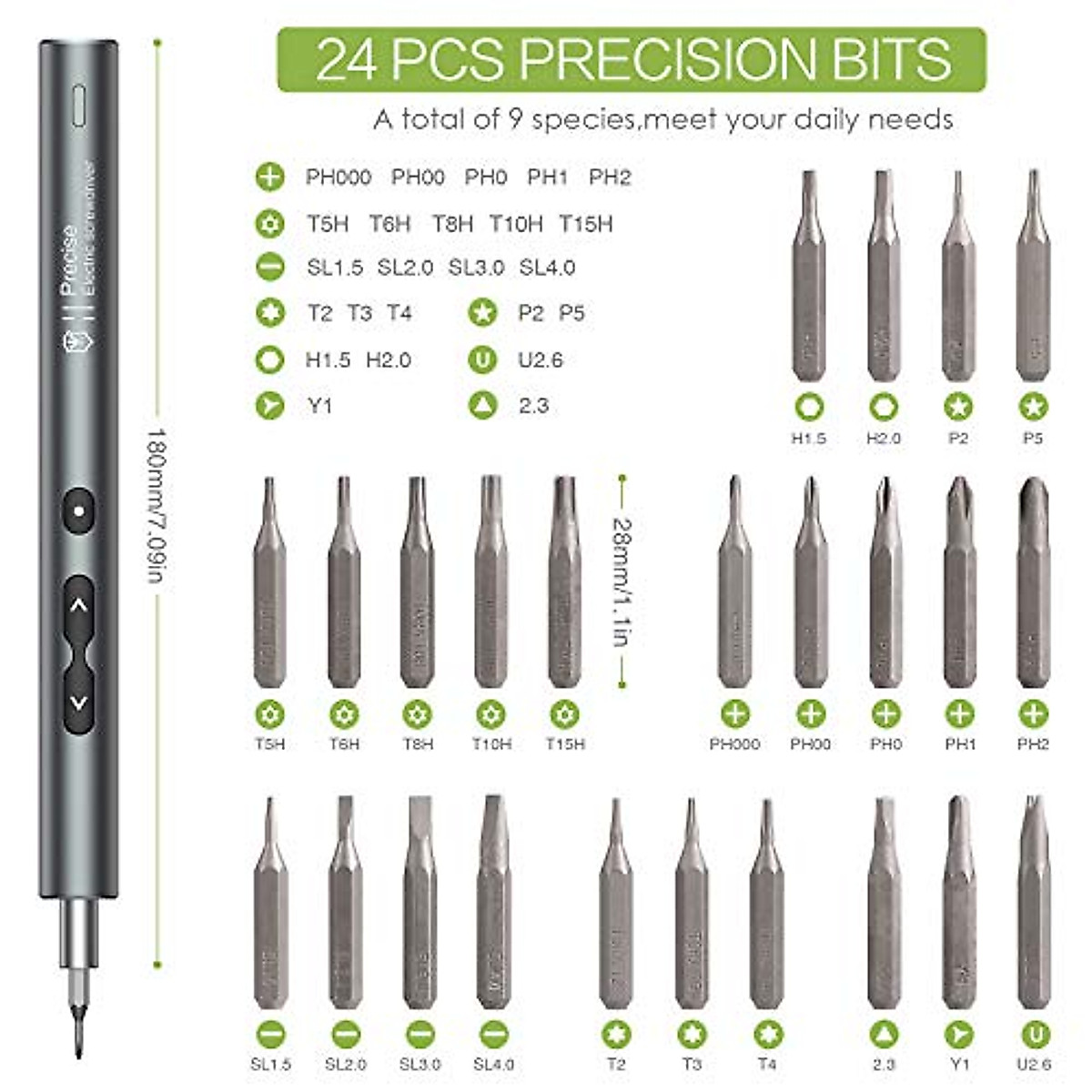 KeeKit Precision Electric Screwdriver, 28 in 1 Portable Power Screwdriver with 24 Bits, Rechargeable Repair Tool Kits with USB Charging, 3 LED Light for Phones, Camera, Laptop
