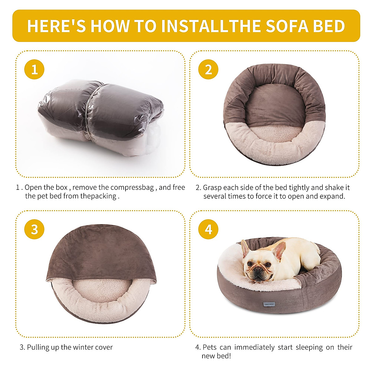 FANTSYPET Dog Bed & Cat Beds, Warming Soft Dog Beds with Blanket Attached, Dog Bed for Small and Medium Dogs, Cozy Donut Dog Bed Plush Hooded Calming Cuddler, Calming Cave Dog Bed, Camel, (23 x 23 in)