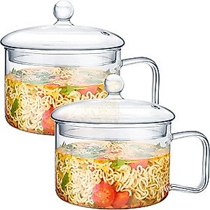 2 Pcs Glass Ramen Bowl with Lid and Handle, Glass Noodles Bowl Microwave Safe Glass Soup Bowl Mixing Glass Pot Transparent Cooking Cereal Bowls Breakfast Bowls for Soup Cereals Fruits (45.7 oz)