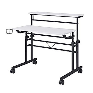 Techni Mobili Rolling Writing Height Adjustable Desktop and Moveable Shelf Desk, 25" D x 44.5" W x 28-39.75" H, White