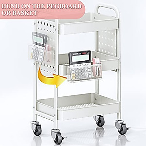 3 Tier Rolling Utility Cart - Craft Storage Organizer with Wheels, Art Cart with DIY Dual Pegboards, Removable Baskets Hooks, for Office, Home, Kitchen, Classroom (White)