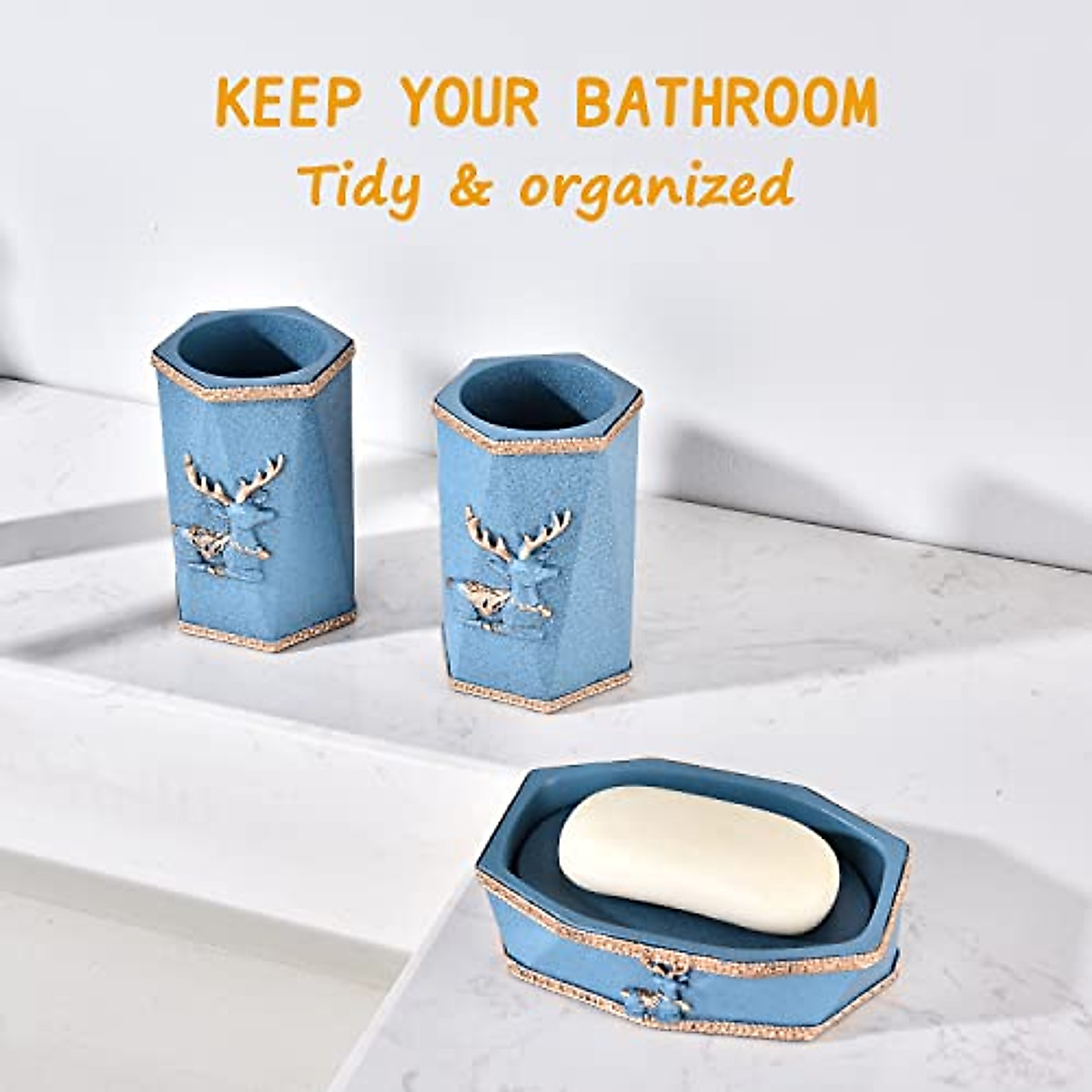 Mekoly Bathroom Accessories Set 5 Pcs,Blue Bathroom Sets Accessories,Reindeer Christmas Decoration Bathroom Vanity Set Counter Bathroom Soap Dispenser Set with Soap Dispenser,Toothbrush Holder,Tumbler