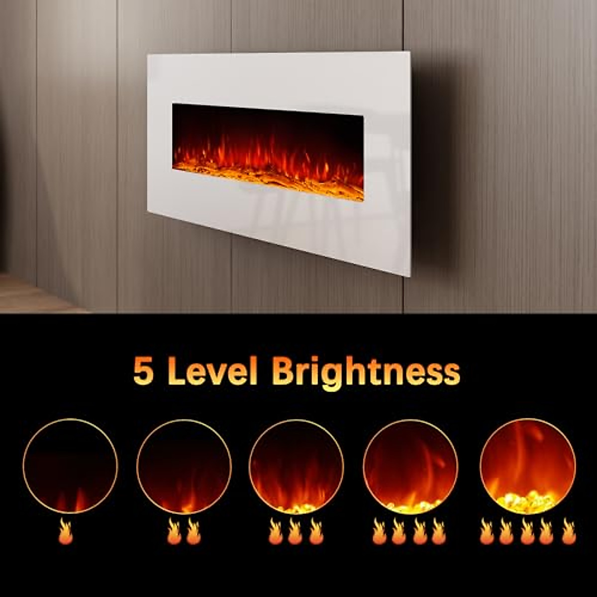 Amerlife 50" Electric Fireplace Wall-Mounted, Fireplace Heater with Timer, Remote Control, Adjustable Flame Brightness, Log Set & Crystal Options, White