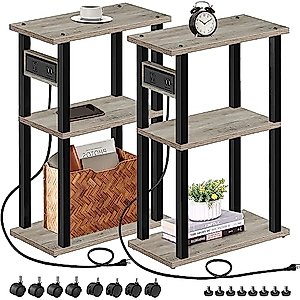 TUTOTAK Small Narrow Side Table with Charging Station, Set of 2 Skinny End Table for Small Spaces, Slim Nightstand with USB Ports and Outlet,Sofa Beside Table with Wheels, Greige TB01BG047