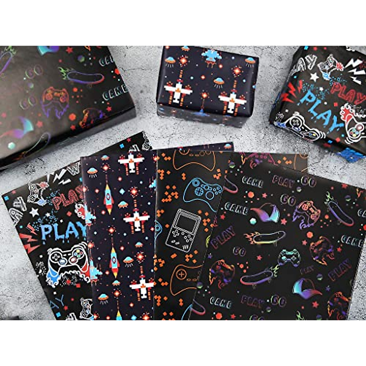 Gaming Birthday Wrapping Paper for Kids Boys Girls Video Game Lover, 4 Style Video Game Wrapping Paper, 8 Sheets Folded Flat 20x28 Inches Per Sheet