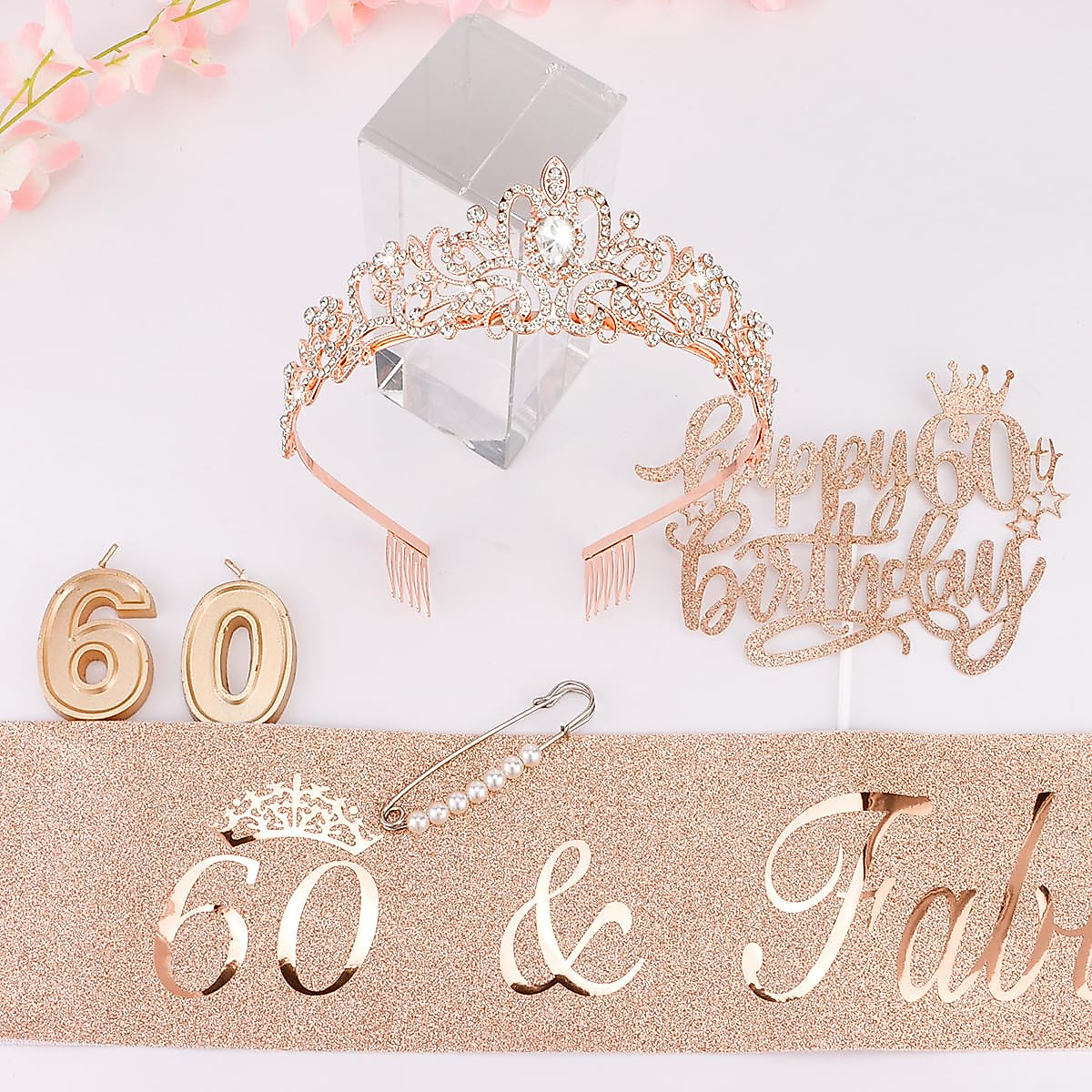 TOBATOBA 60th Birthday Decorations Women, Rose Gold 60 & Fabulous Birthday Sash, 60th Birthday Crown Tiara, Birthday Candles and Cake Toppers, Happy 60th Birthday Gifts for Women Birthday Decor