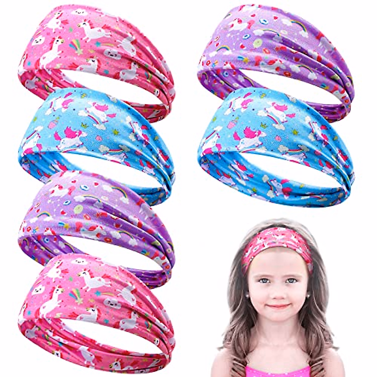 6 Pieces Unicorn Headbands for Girls Cute Elastic Bandeau Adjustable Wide Rainbow Headband No Slip Little Girl Hair Accessories Neck Gaiter Party Favors Stretch Hippie Turban for Children Kids Toddler