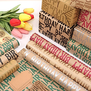 Birthday Wrapping Paper Set, 6 Sheets Kraft Brown Recycled Gift Wrapping Paper with Stickers, Gift Wrapping Paper with Happy Birthday Pattern Design for Kids Girls Women Boys Men Adults, 20×28 inches