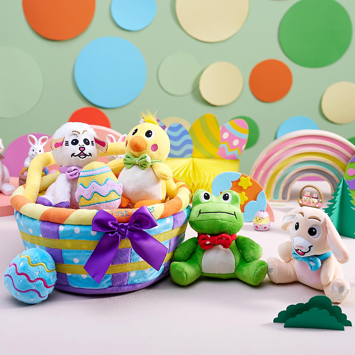 JOYIN 7 PCS Basket for Easter Stuffed Plush Playset for Baby Kids Easter Theme Party Favor, Easter Eggs Hunt, Basket Stuffers Fillers, Party Supplies Decorations