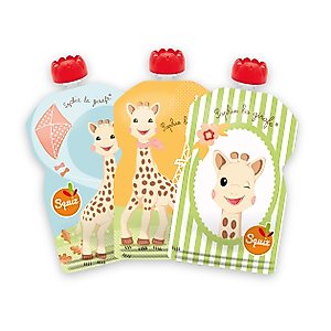 SQUIZ - 3 Swiss-Made Pack Reusable Food Pouches 4,4 oz (130ml) - Refillable Squeeze Food Storage for Baby, Toddler and Kids - Washable and Freezer Safe Bags - BPA Free - Sophie La Girafe