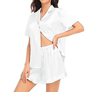 SWOMOG Womens Silk Satin Pajamas Set Two-piece Ruffle Sleepwear Loungewear Button-Down Pj Sets White