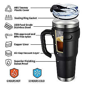 Zibtes 40oz Insulated Tumbler with Lid and Straws, Stainless Steel Double Vacuum Coffee Tumbler with Handle, lovely Travel Cup for Home, Office, Party (Black 1 pack)