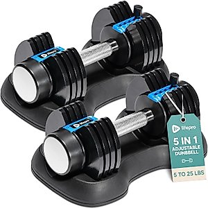 LifePro Adjustable Dumbbell Set – 5-25 lb Dumbbells Set of 2, Quick Change Rotating Hand Weights for Women//Men at Home Gym Weight System - 5-25 Pound, Ideal for Home Strength Training