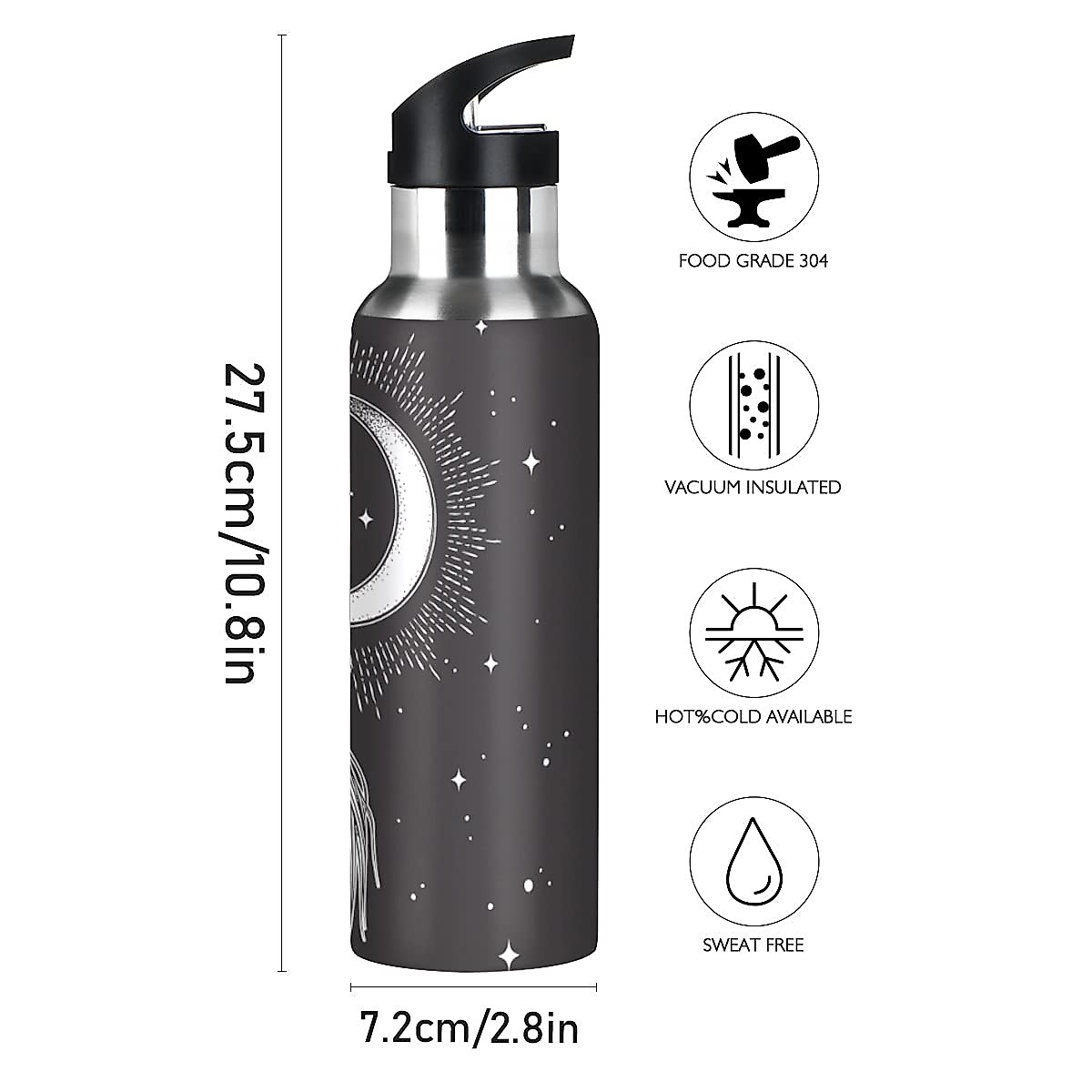 Yasala Halloween Water Bottle Witch Moon Broom Magic Vehicle Coffee Thermos Stainless Steel Insulated Beverage Container 20 oz with Straw Lid BPA-Free for Sport, Travel, Camping, Back to School